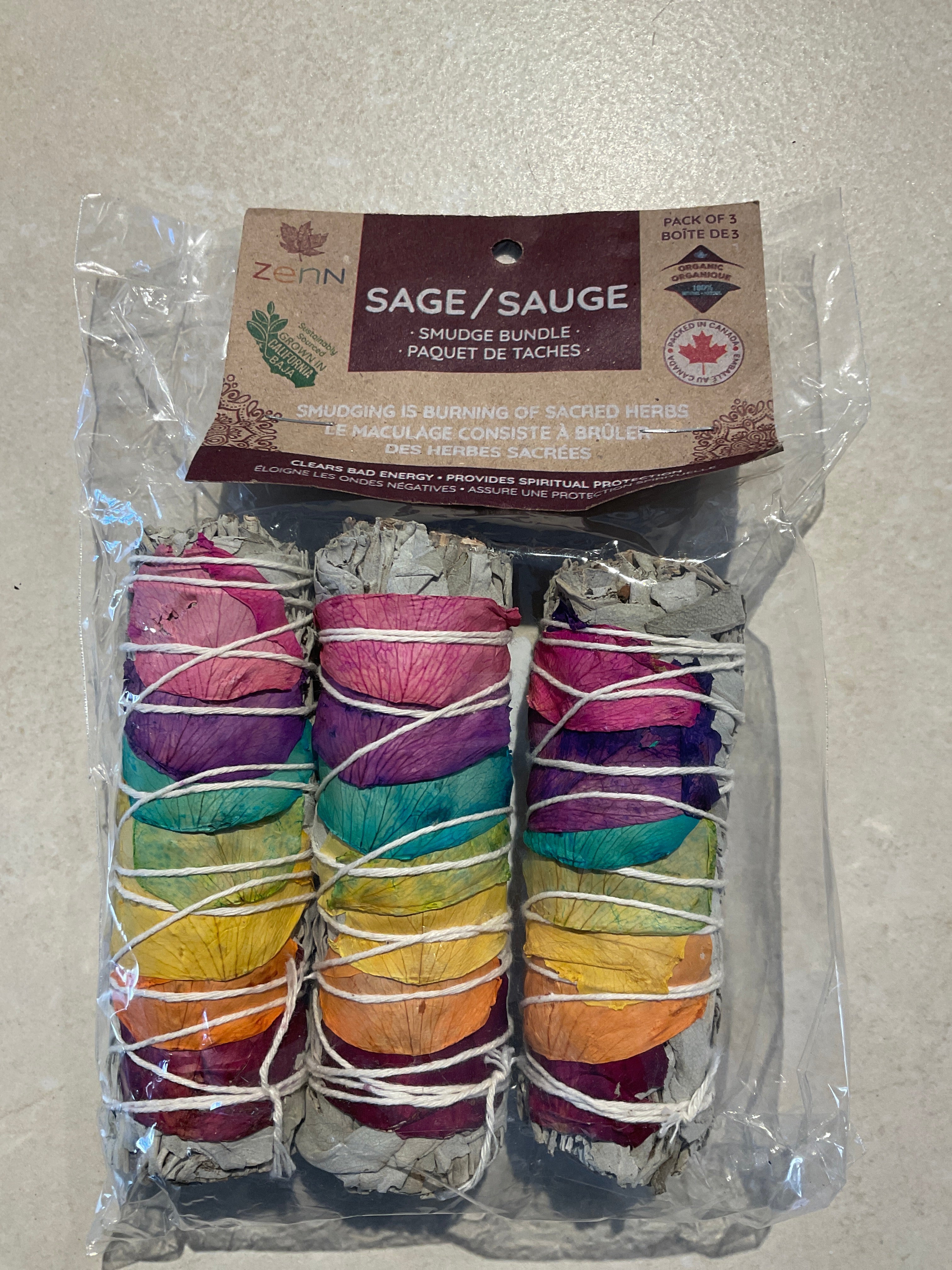 ZenN Organic Seven Chakras Sage W/ Rose Petals 4'' (Packaged 3 pcs ...
